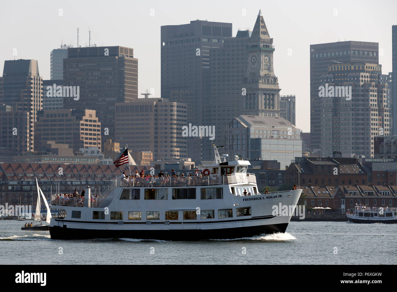 Tourist boat on Boston Harbor, skyline, Boston Massachusetts Stock ...