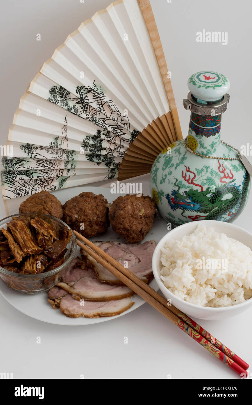 Still life of Chinese liqueur Baijiu with food Stock Photo - Alamy
