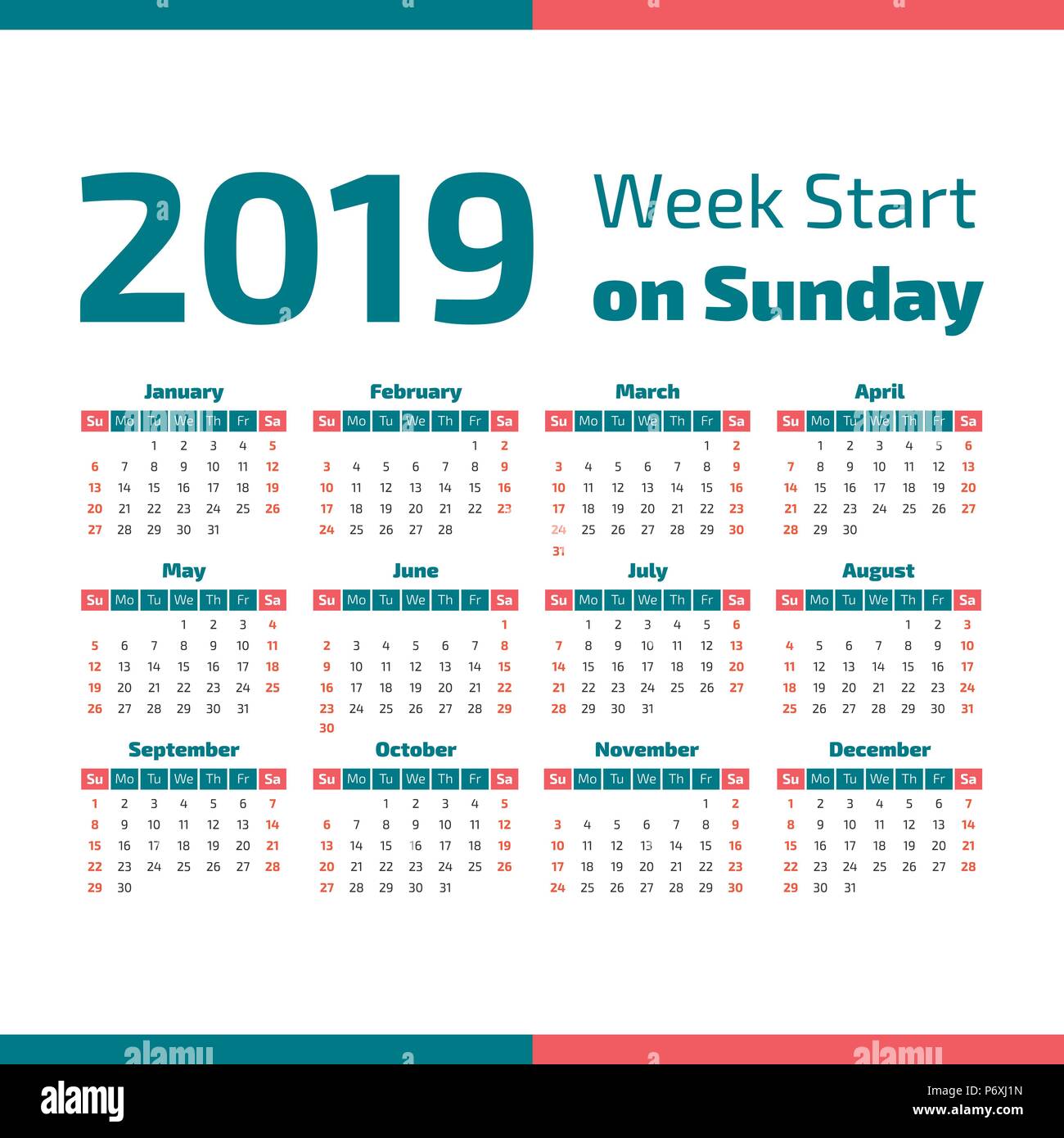 Simple 2019 year calendar, week starts on Sunday Stock Vector Image ...