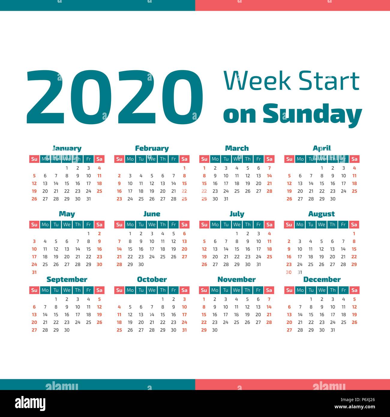 Simple 2020 year calendar, week starts on Sunday Stock Vector Image ...