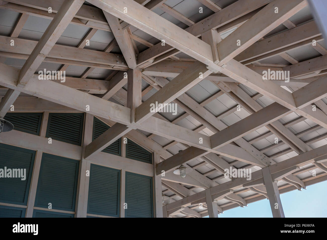 Architectural wooden ceiling inside clubhouse Stock Photo - Alamy