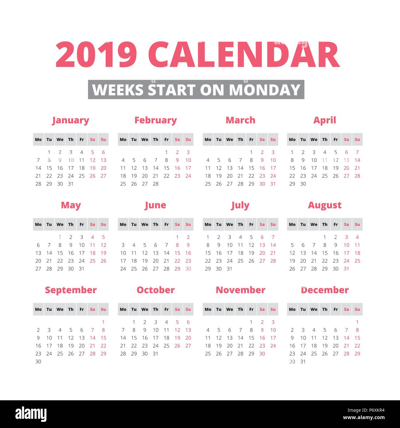 Simple 2019 year calendar, week starts on Monday Stock Vector Image ...