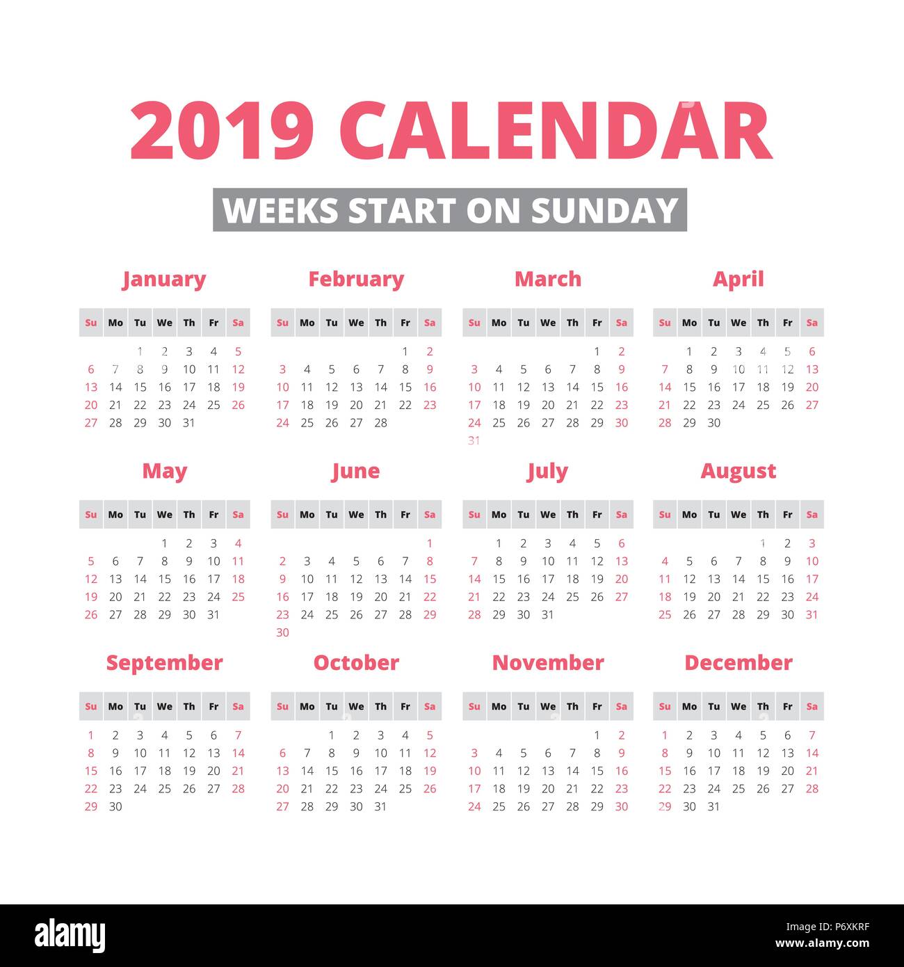 Simple 2019 year calendar, week starts on sunday Stock Vector Image ...