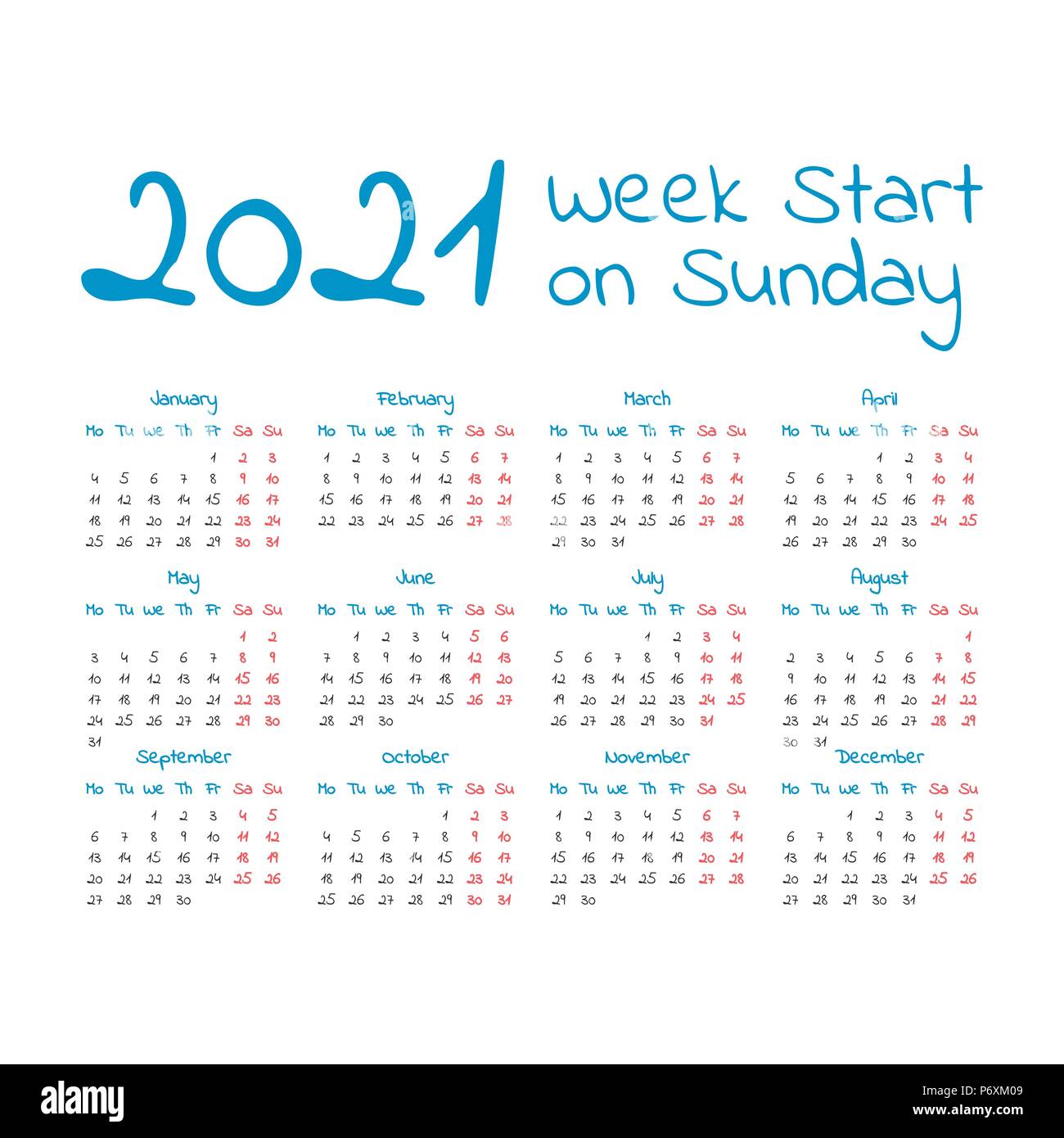 Simple 2021 year calendar, week starts on sunday Stock Vector Image ...