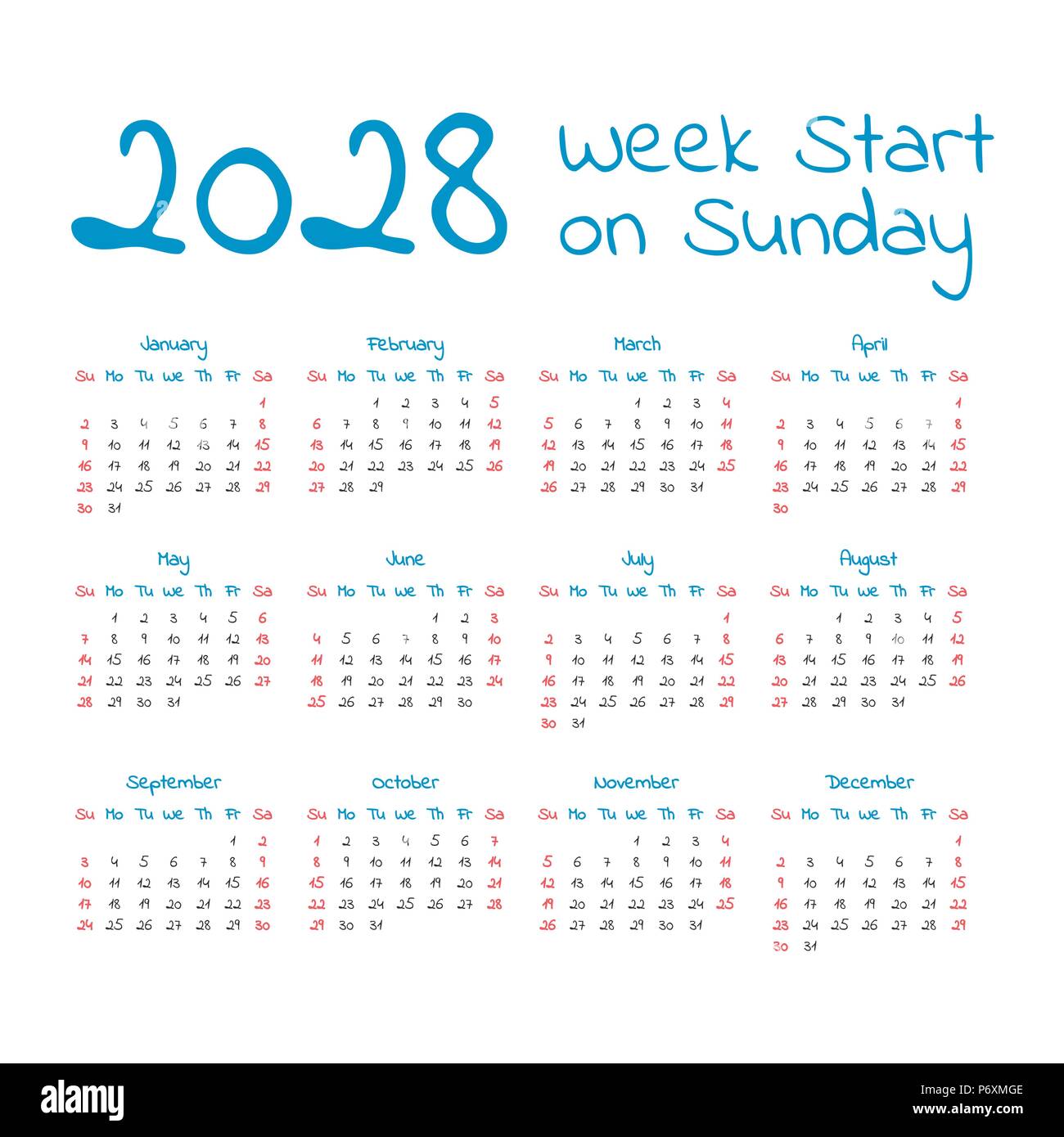 Simple 2028 year calendar, week starts on sunday Stock Vector Image ...