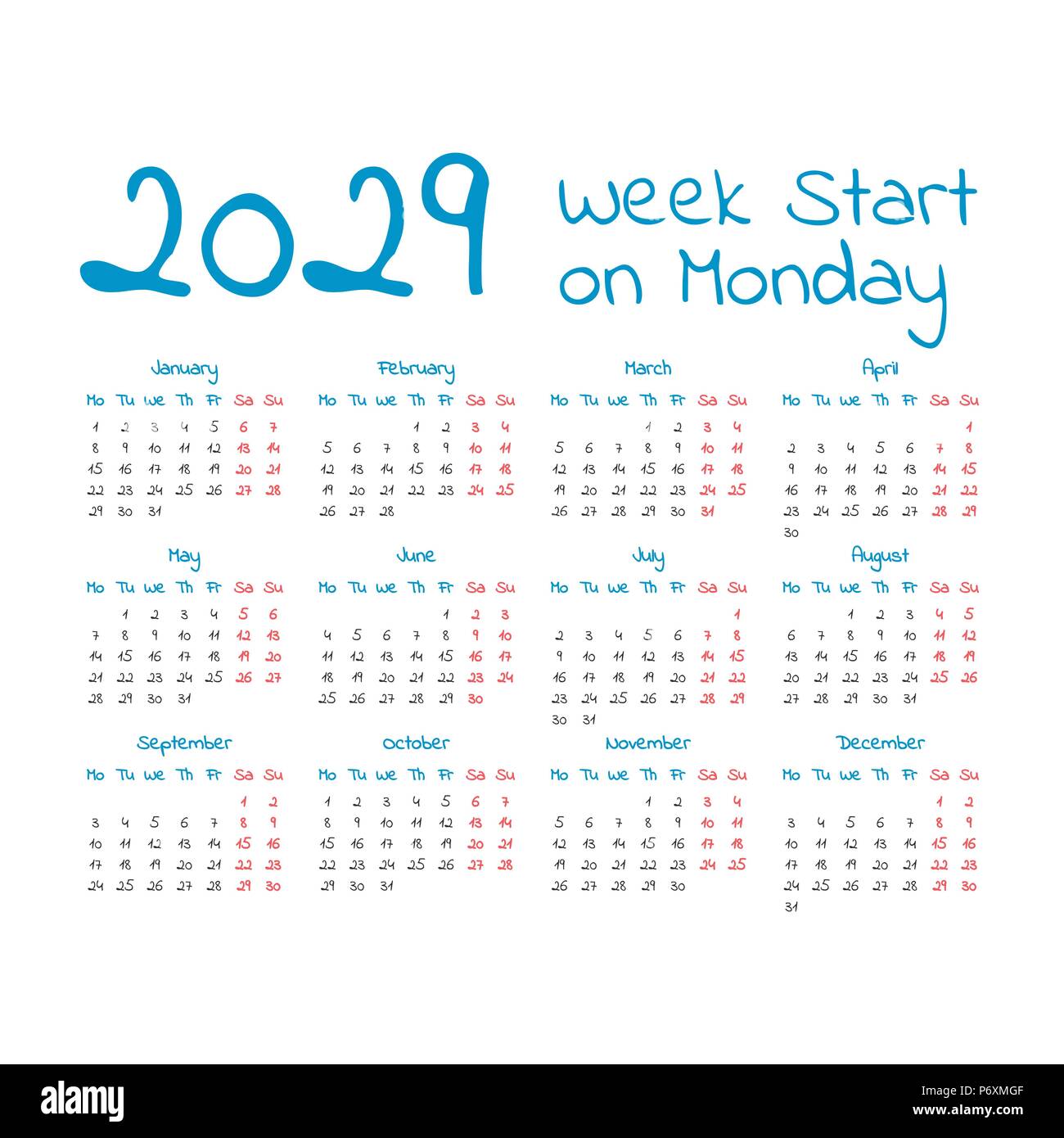 Simple 2029 year calendar, week starts on Monday Stock Vector Image ...