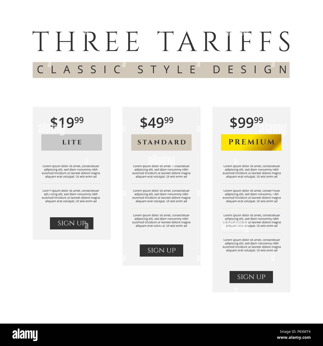 Price list, three tariffs for website or landing page in a classic ...