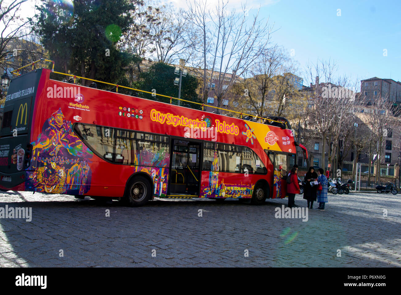 A tourist bus outside the railway station of Toledo, Spain, Europe ...
