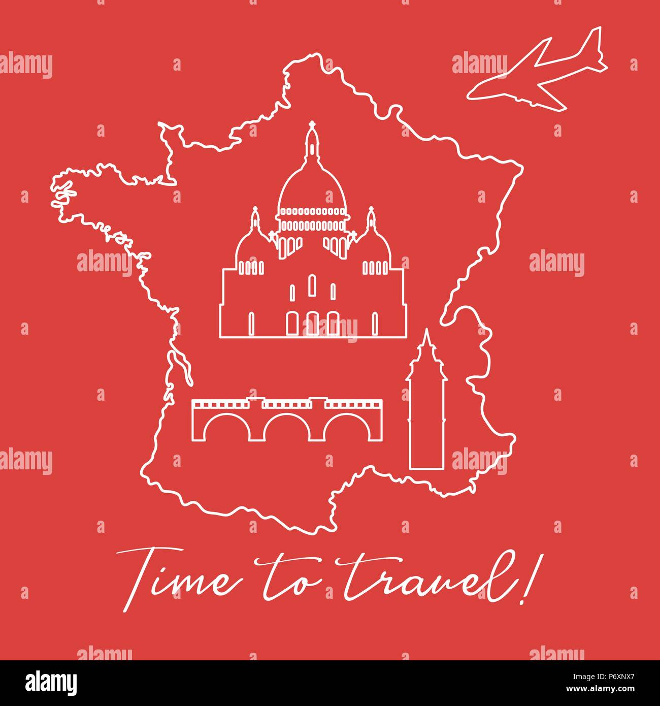 Map of France, bridge, tower, basilica, plane. Travel and leisure Stock ...