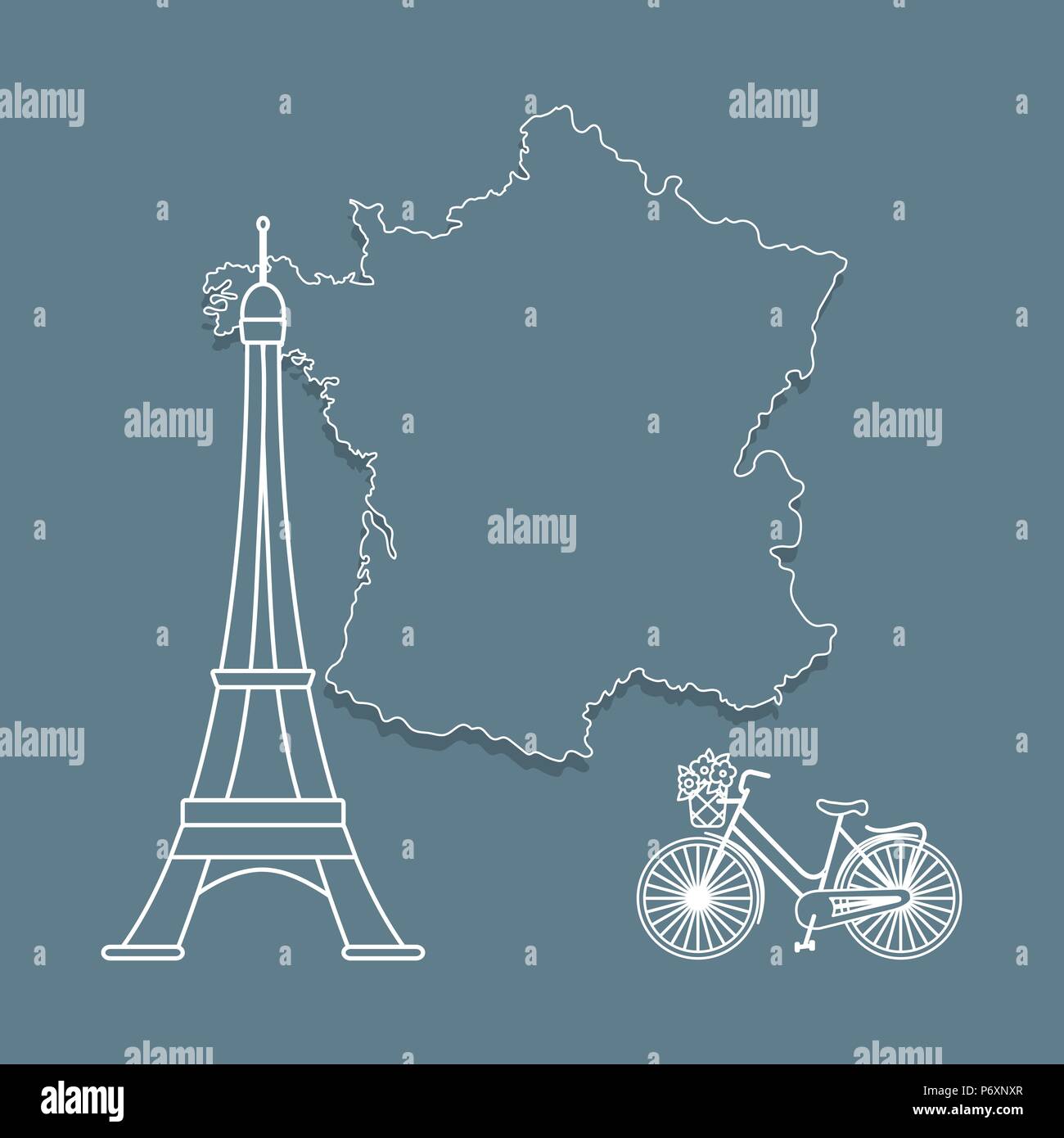 Map of France, famous tower of Paris, bicycle with a basket of flowers ...