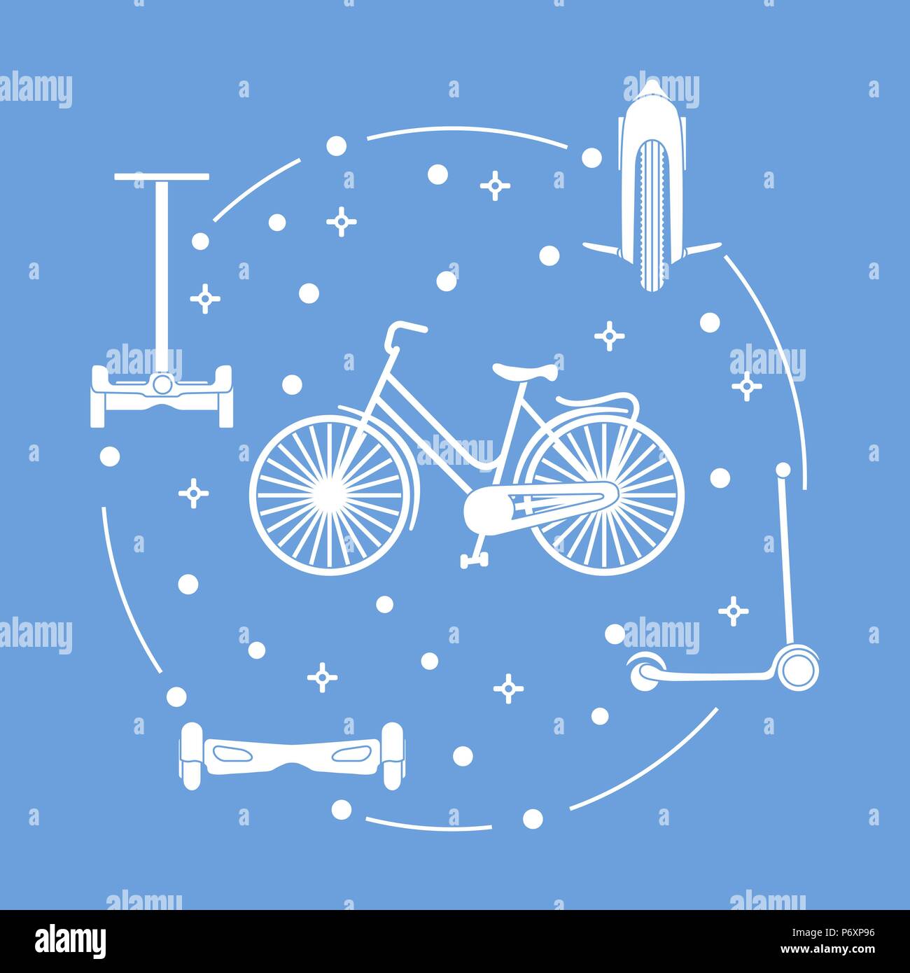 Modern means of transportation around the city. Bike, segway, mono ...