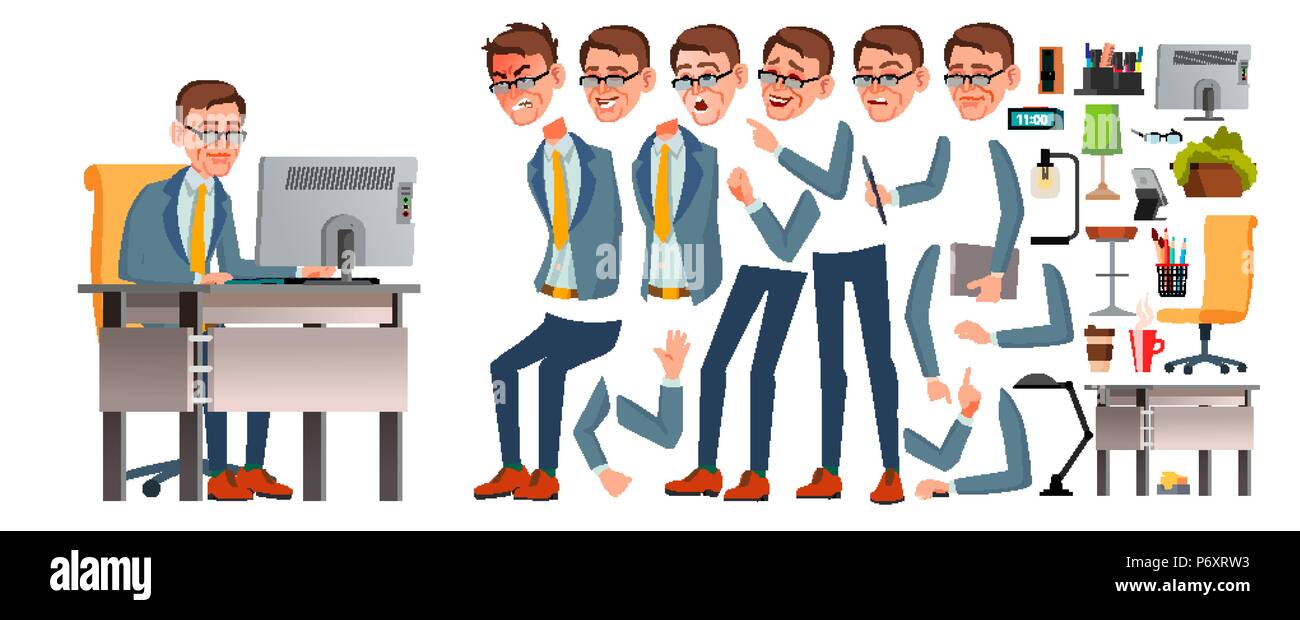 Office Worker Vector. Face Emotions, Various Gestures. Animation ...