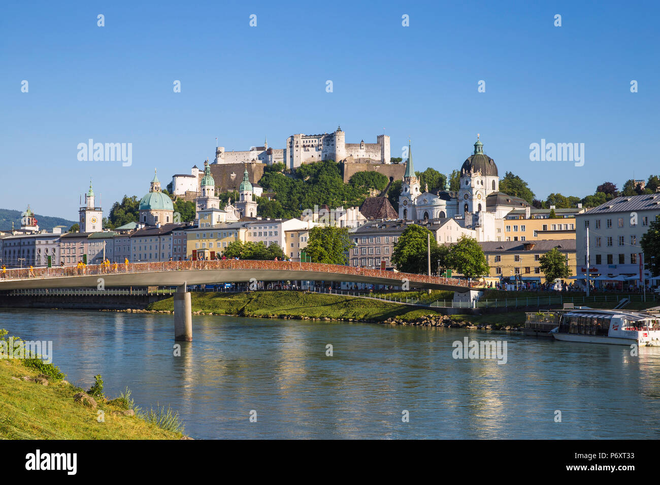 Austria, Salzburg, View of Makartsteg bridge over Salzach River and ...