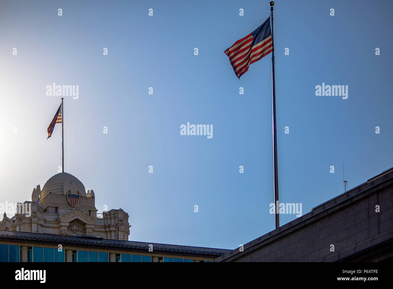Double American flag in downtown Stock Photo - Alamy