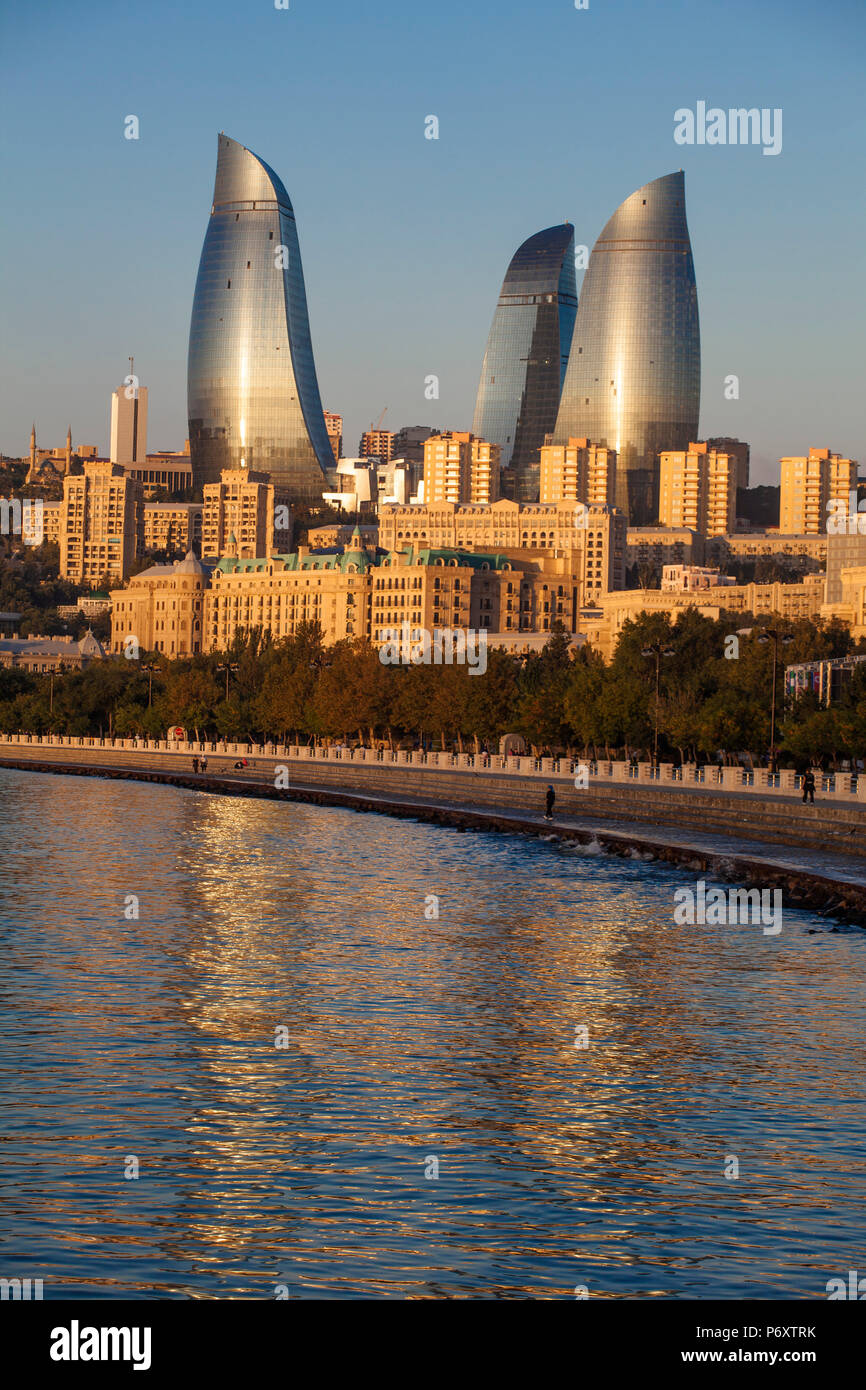 Azerbaijan, Baku, View of the Flame Towers reflecting in the Caspian ...