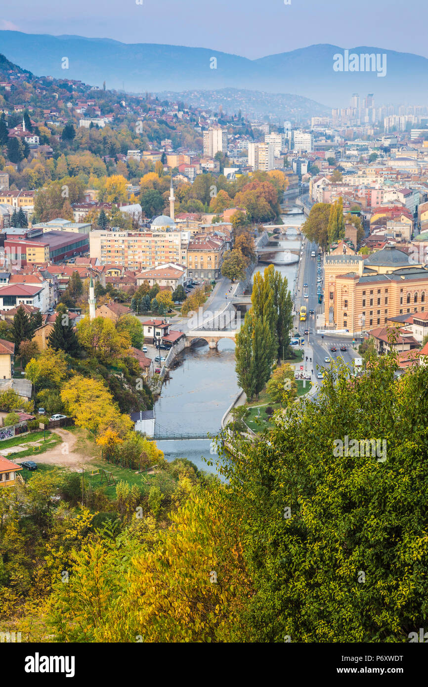 Bosnia and Herzegovina, Sarajevo, View of city and Miljacka River Stock ...