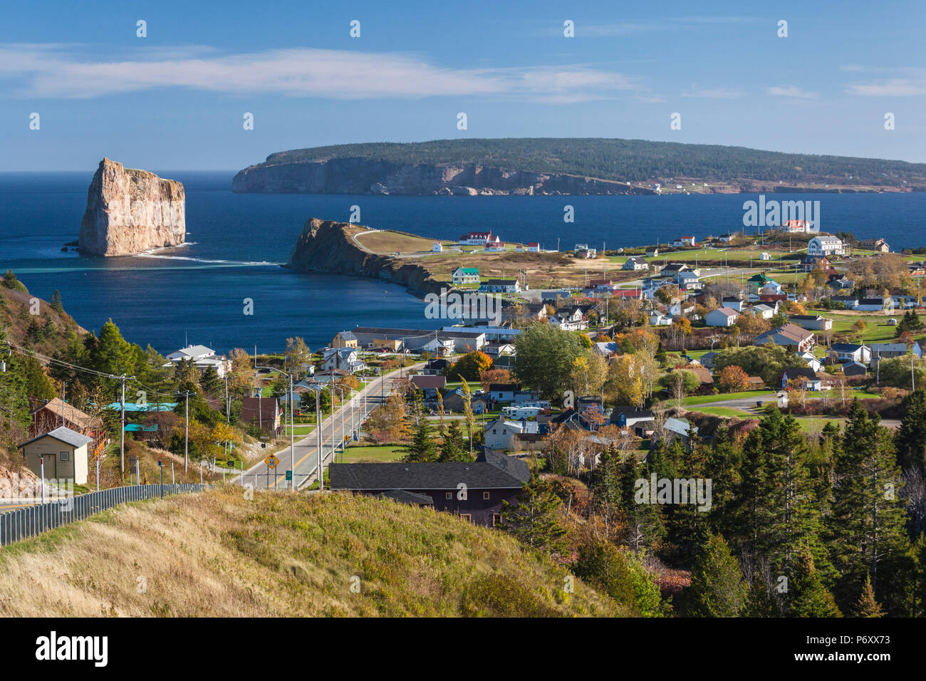 Canada, Quebec, Gaspe Peninsula, Perce, elevated view of town and Perce ...
