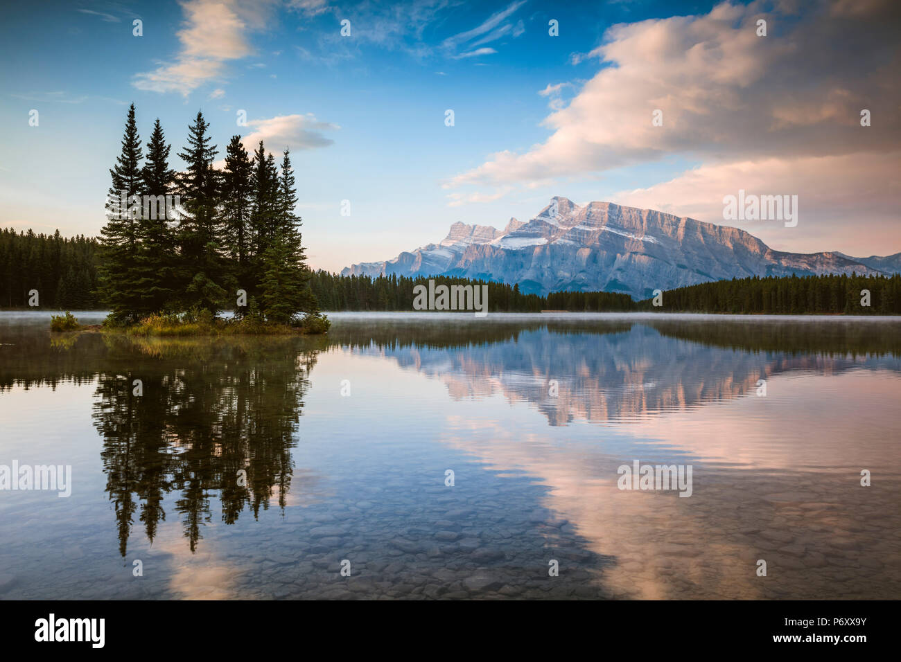 Mt Rundle at sunrise, Two Jack lake, Banff National Park, Alberta ...