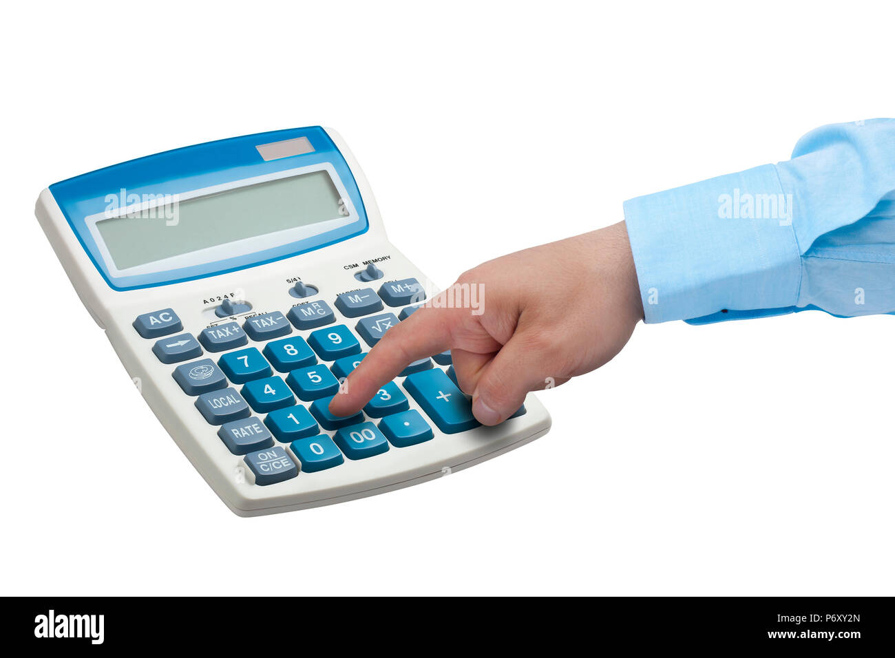 Businessman hand calculator isolated on white Stock Photo - Alamy
