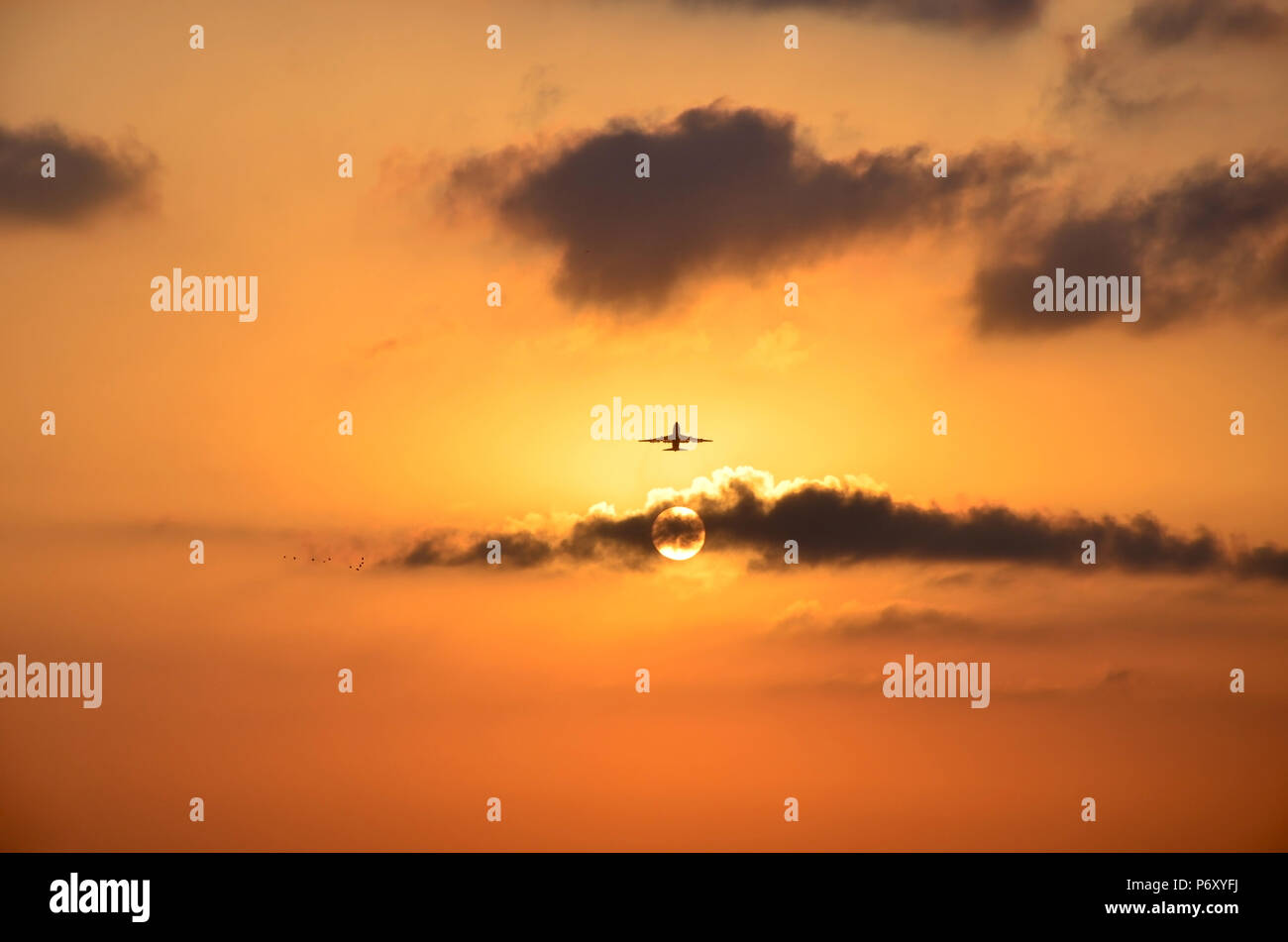 The aircraft in the sky at sunrise Stock Photo - Alamy