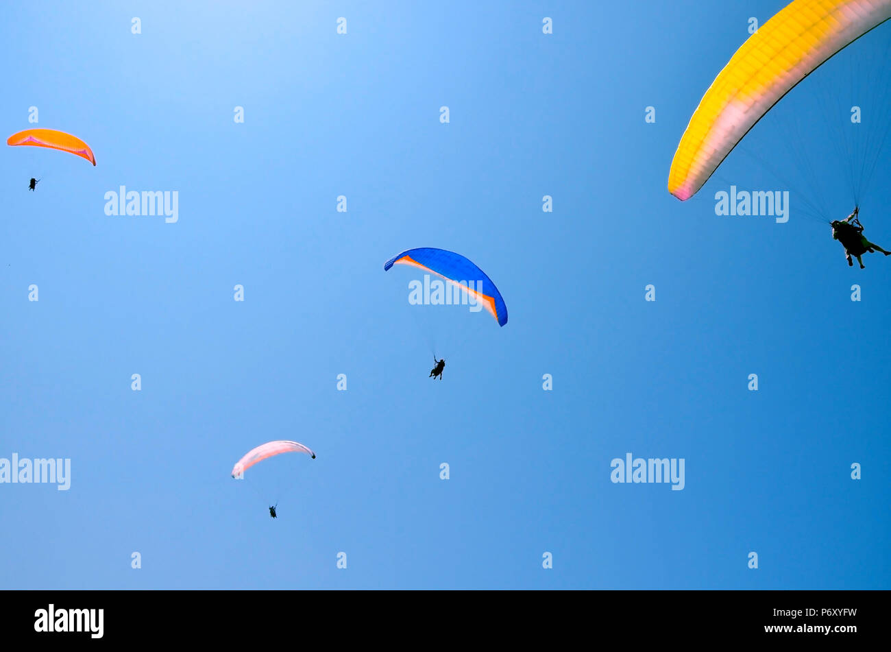 paroplane group flying against the blue sky. Above the Mediterranean ...