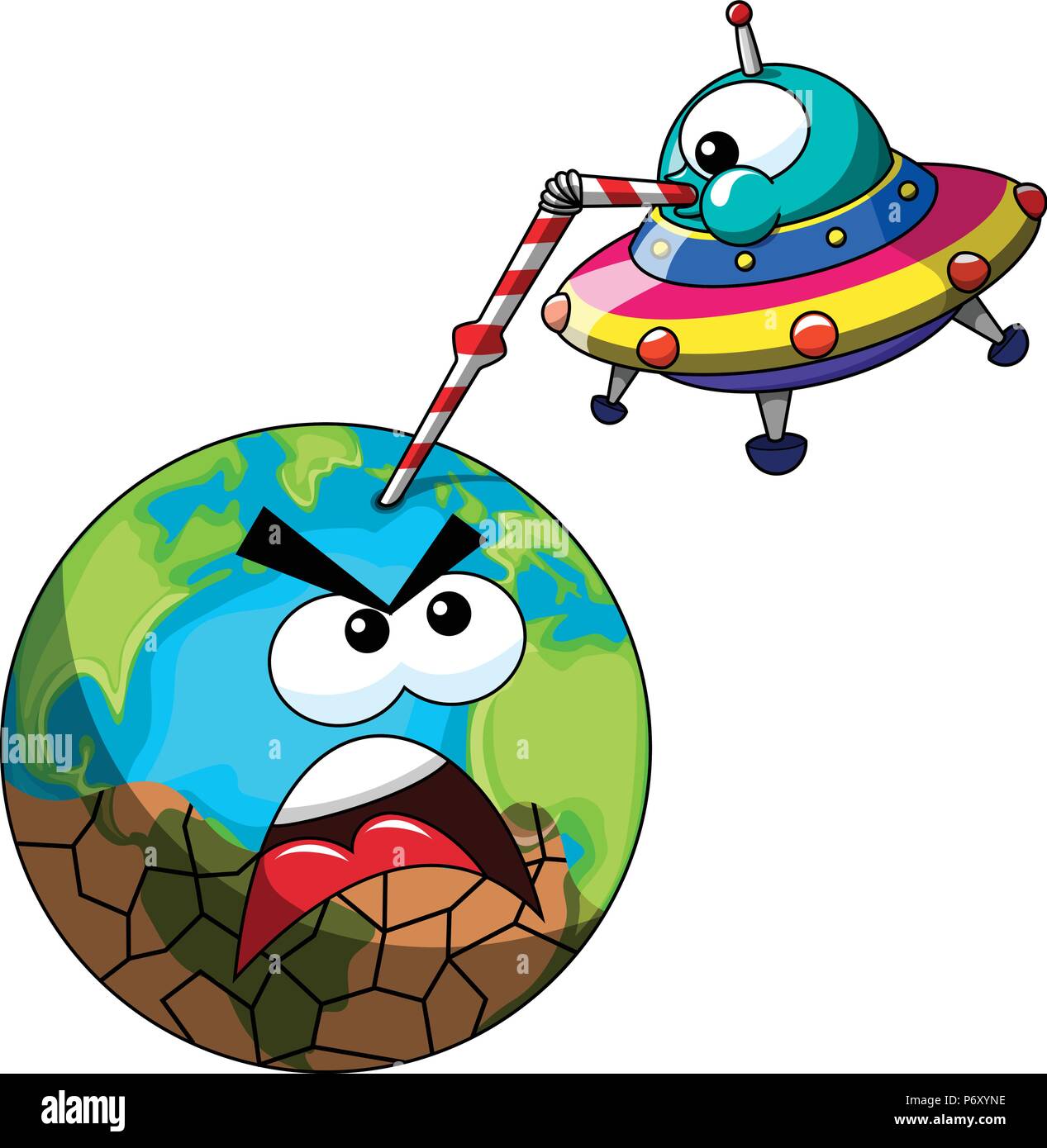 Cartoon alien or ufo space ship drinking water from irritated earth ...
