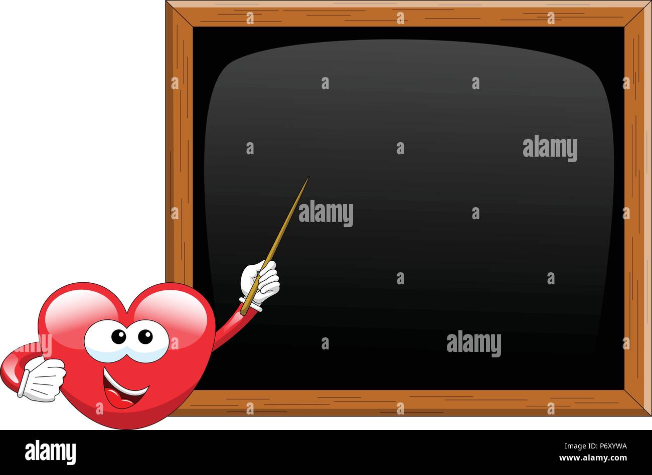 Cartoon heart teacher holding stick in front of blank blackboard ...