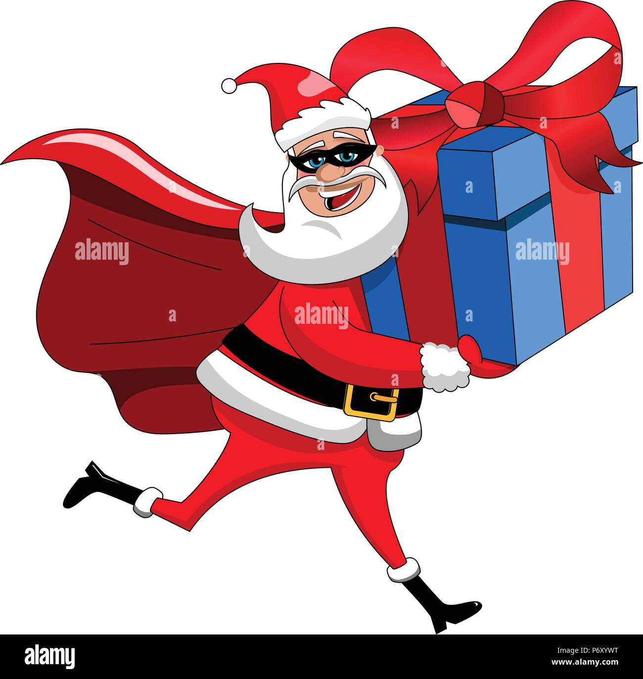 Santa Claus superhero delivering big xmas gift isolated on white Stock ...