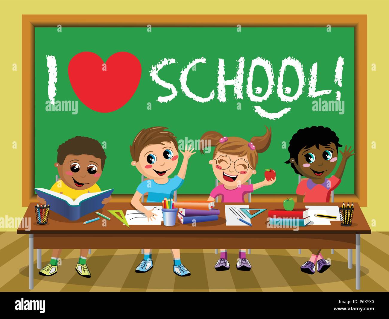 I love school on blackboard and Happy diligent kids or children sitting ...