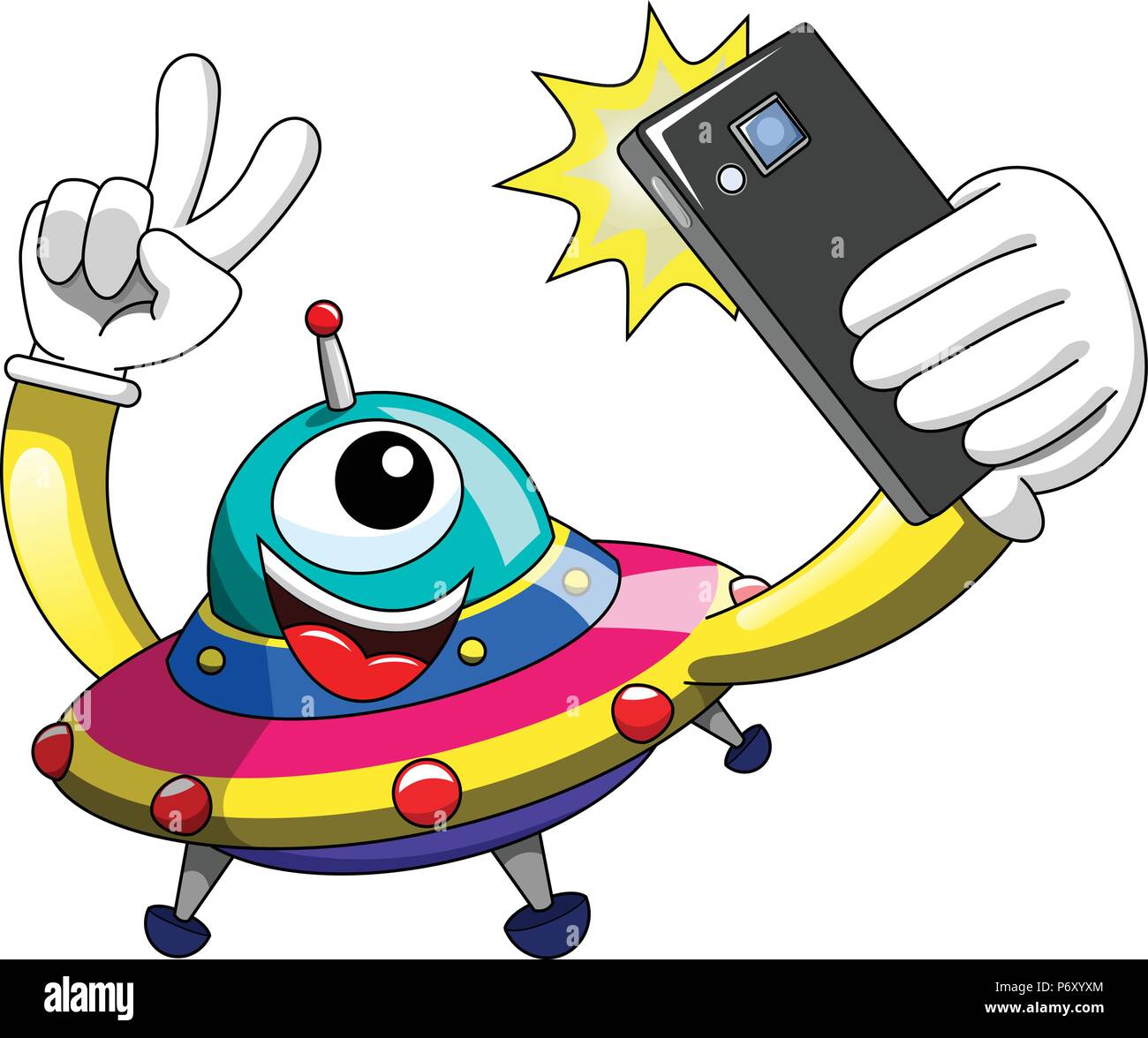 Cartoon alien or ufo spaceship taking selfie with smartphone isolated ...