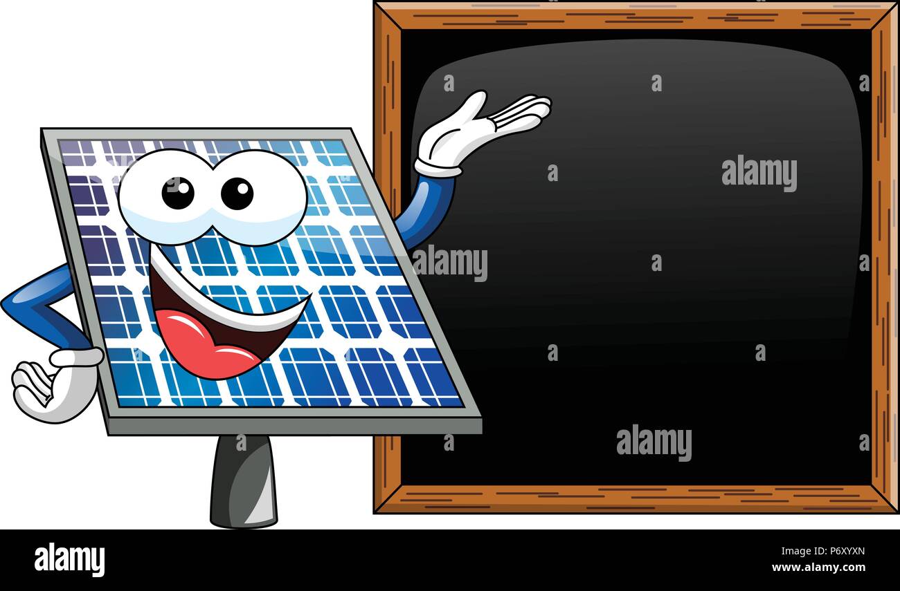 Happy Cartoon solar panel presenting at blank blackboard isolated Stock ...