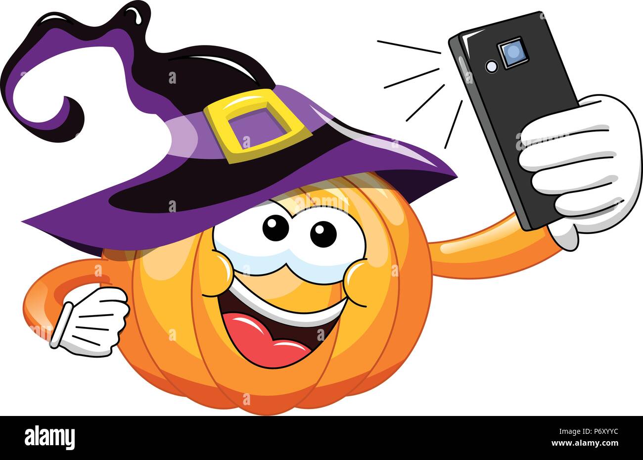Cartoon halloween pumpkin taking selfie with smartphone isolated Stock ...