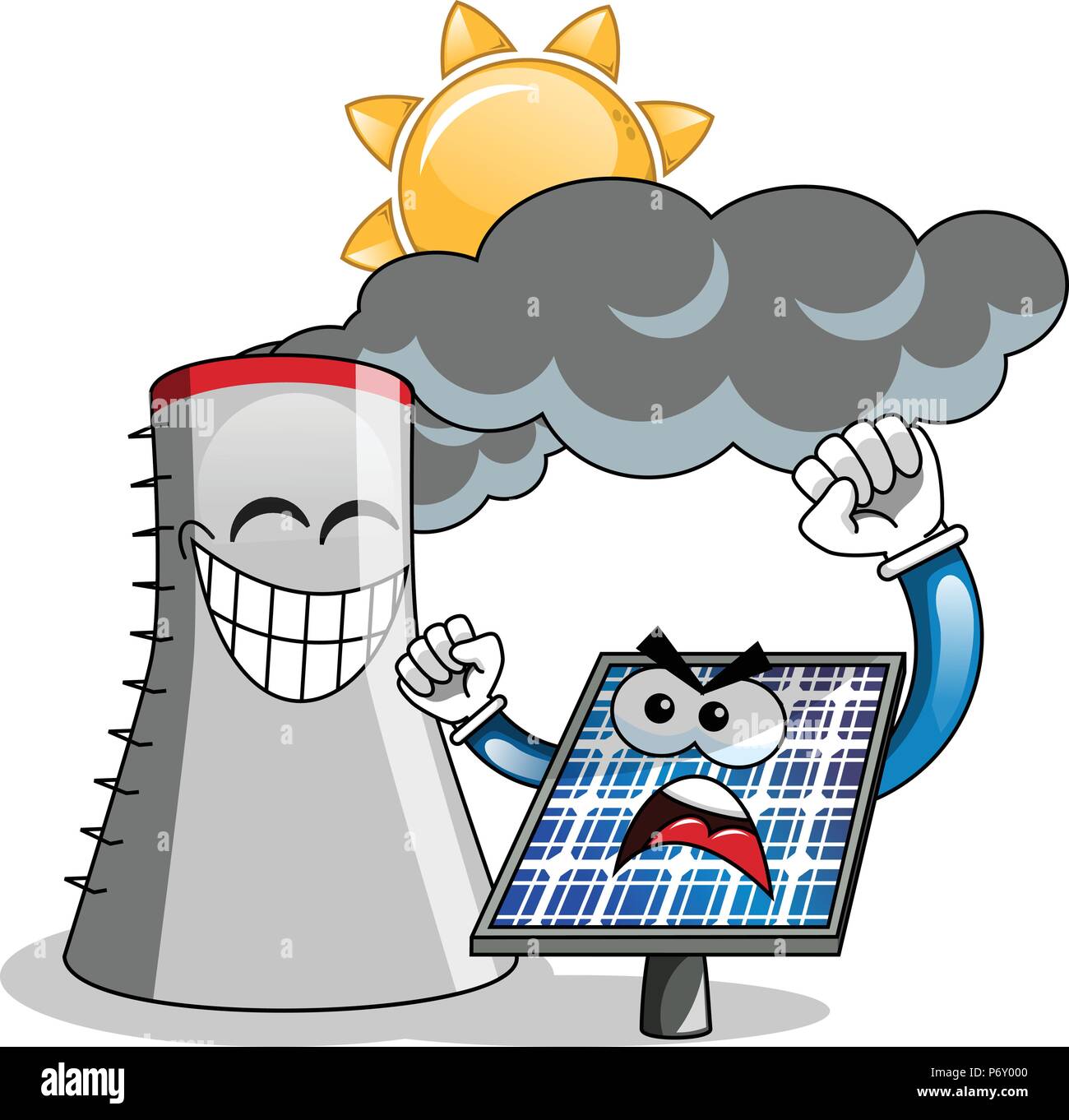 Cartoon angry solar panel complaining against cooling tower isolated ...