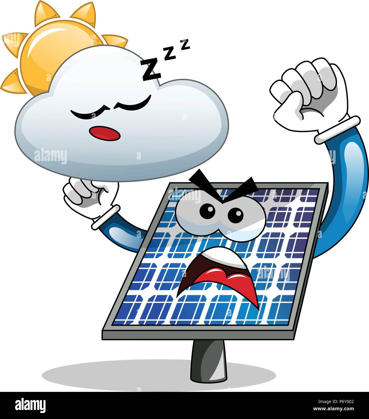 Cartoon angry solar panel complaining against sleepy cloud isolated ...