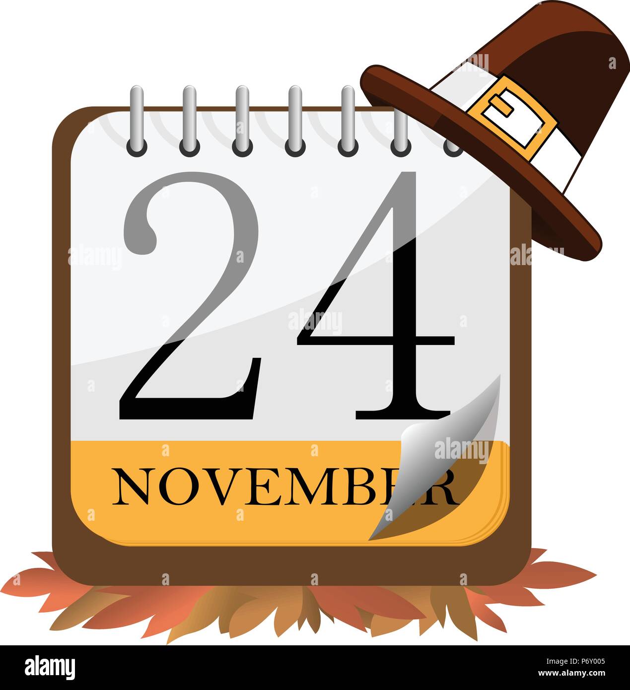 Thanksgiving Day calendar on floor of autumn leaves with pilgrim hat on ...