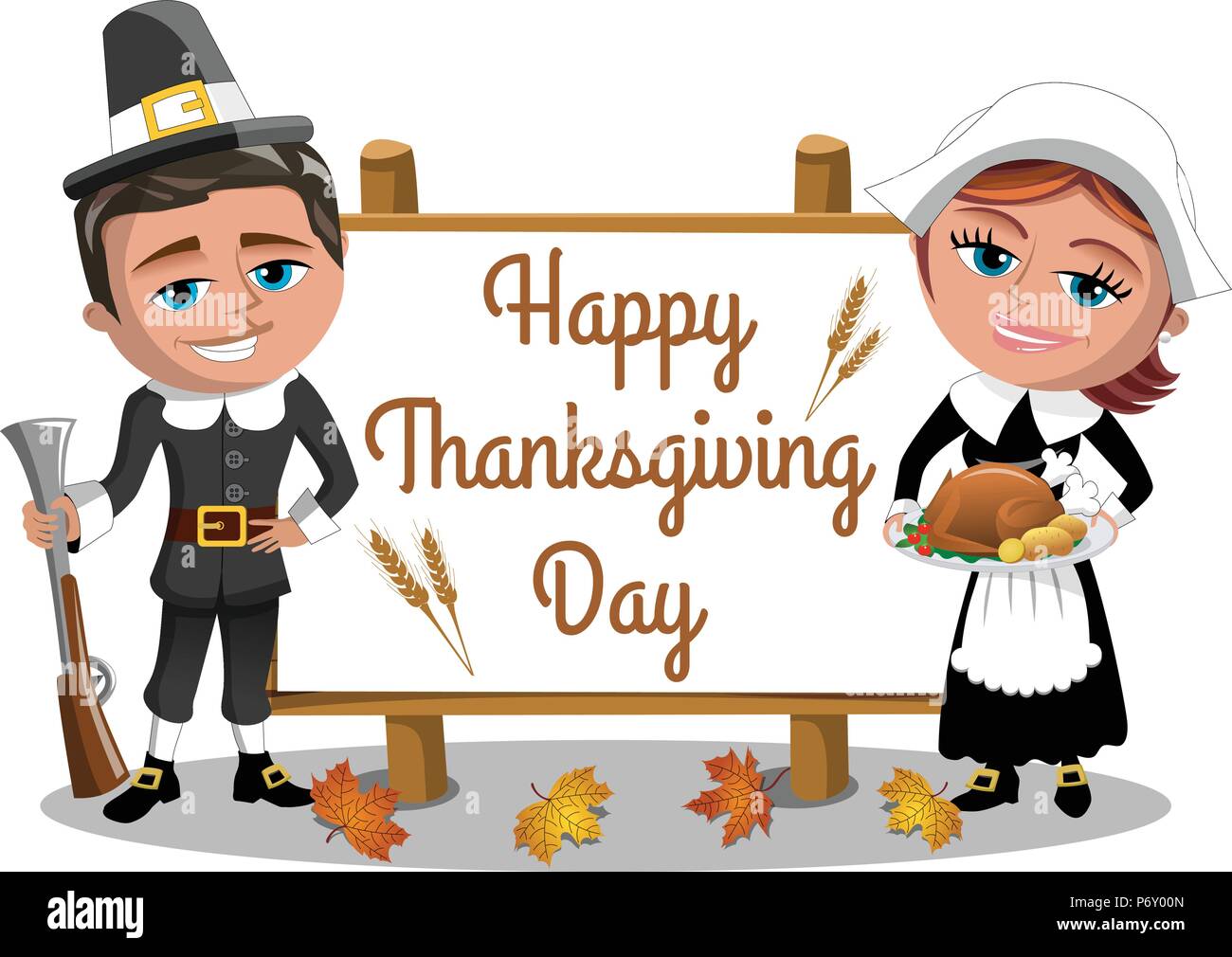 Happy Man and Woman Pilgrims with rifle and roast turkey greeting card ...