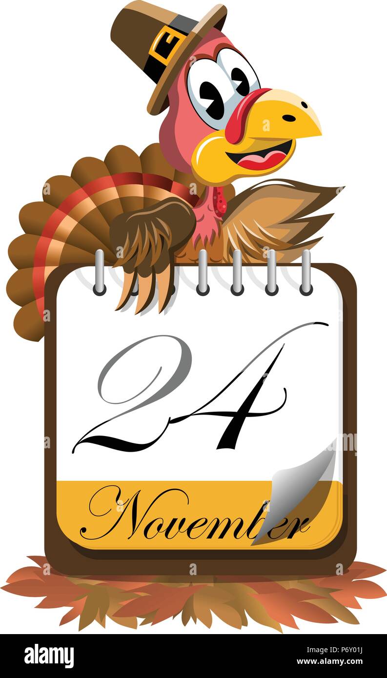 Cartoon turkey with pilgrim hat presenting Thanksgiving Day calendar on ...