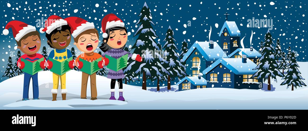 Multicultural kids wearing xmas hat singing Christmas carol banner ...