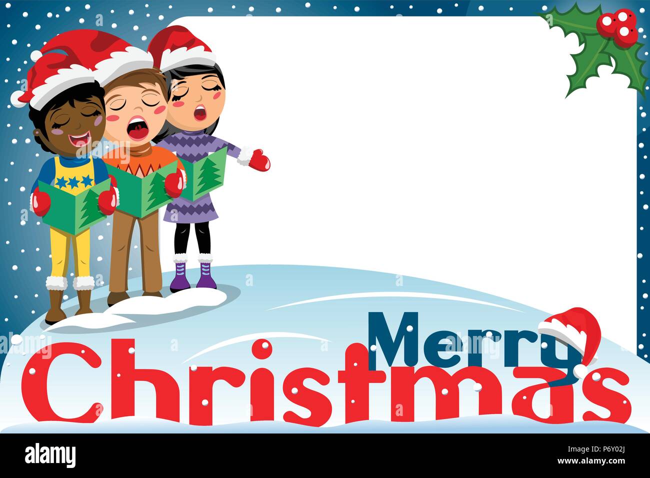 Multicultural kids xmas hat singing Christmas carol blank frame Stock ...