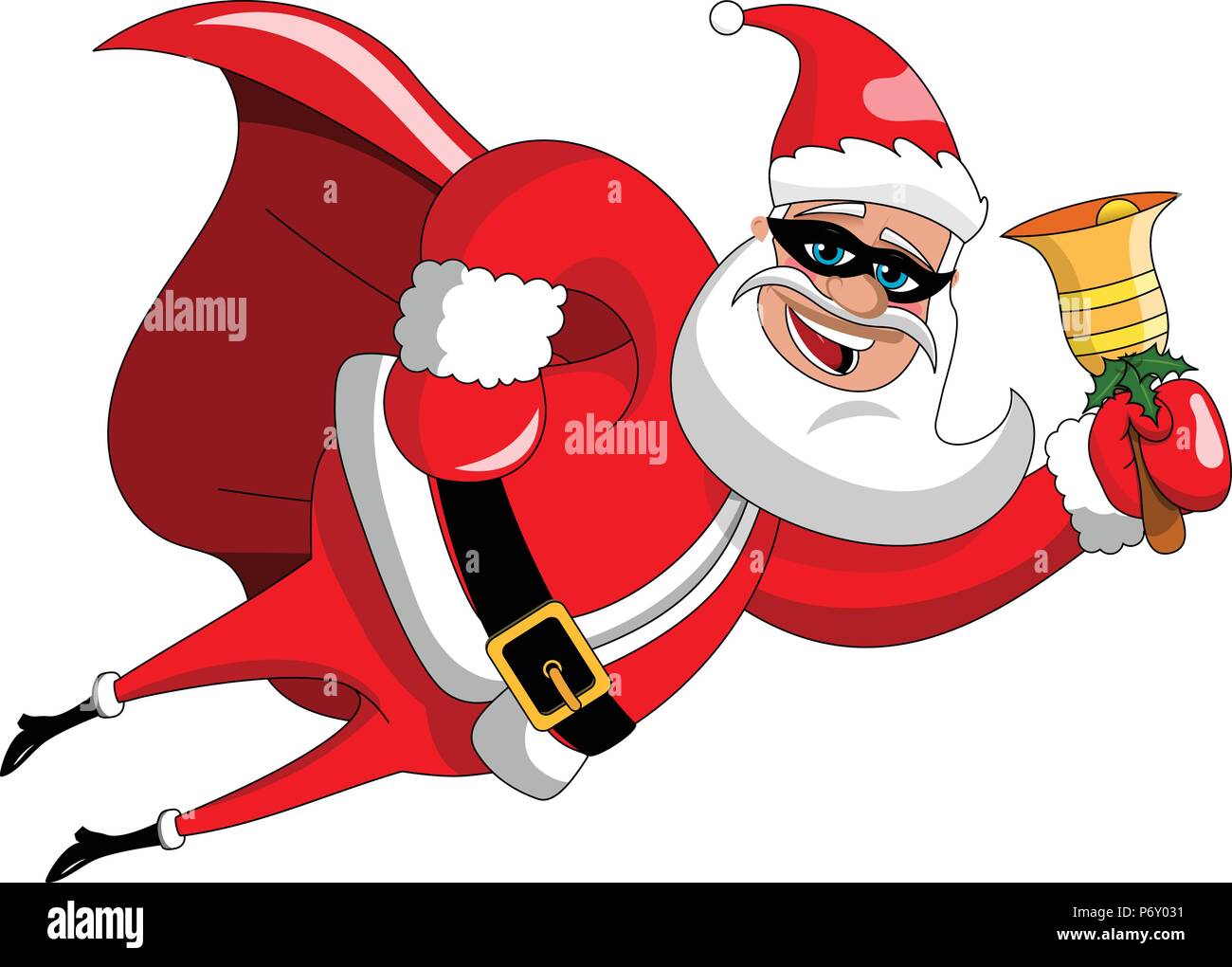 Santa Claus superhero flying and ringing xmas bell isolated Stock ...