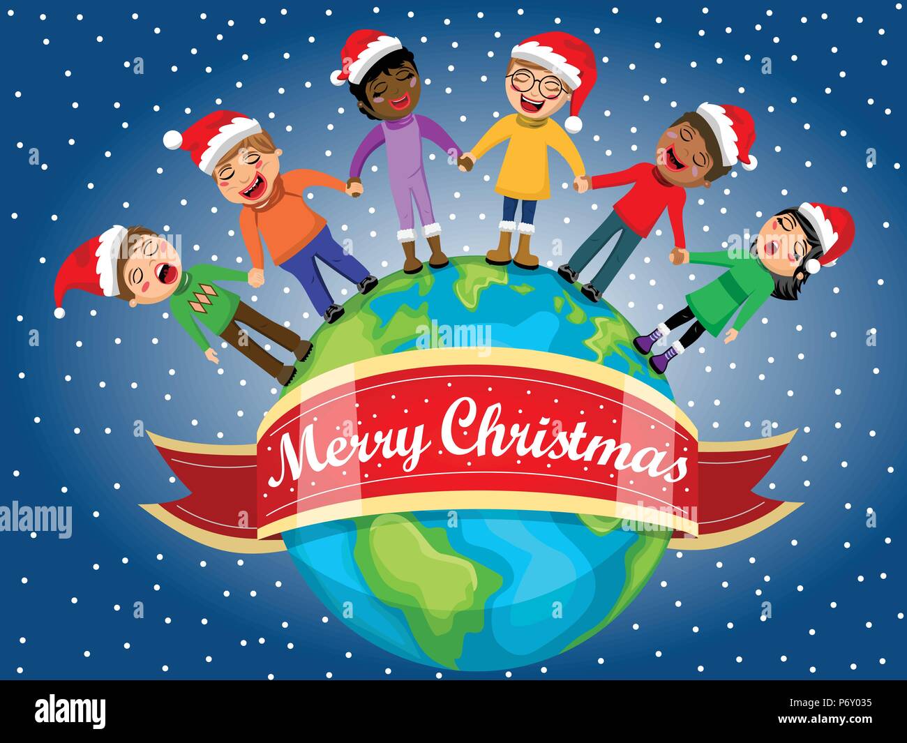 Multicultural kids wearing xmas hat singing Christmas carol hand in ...