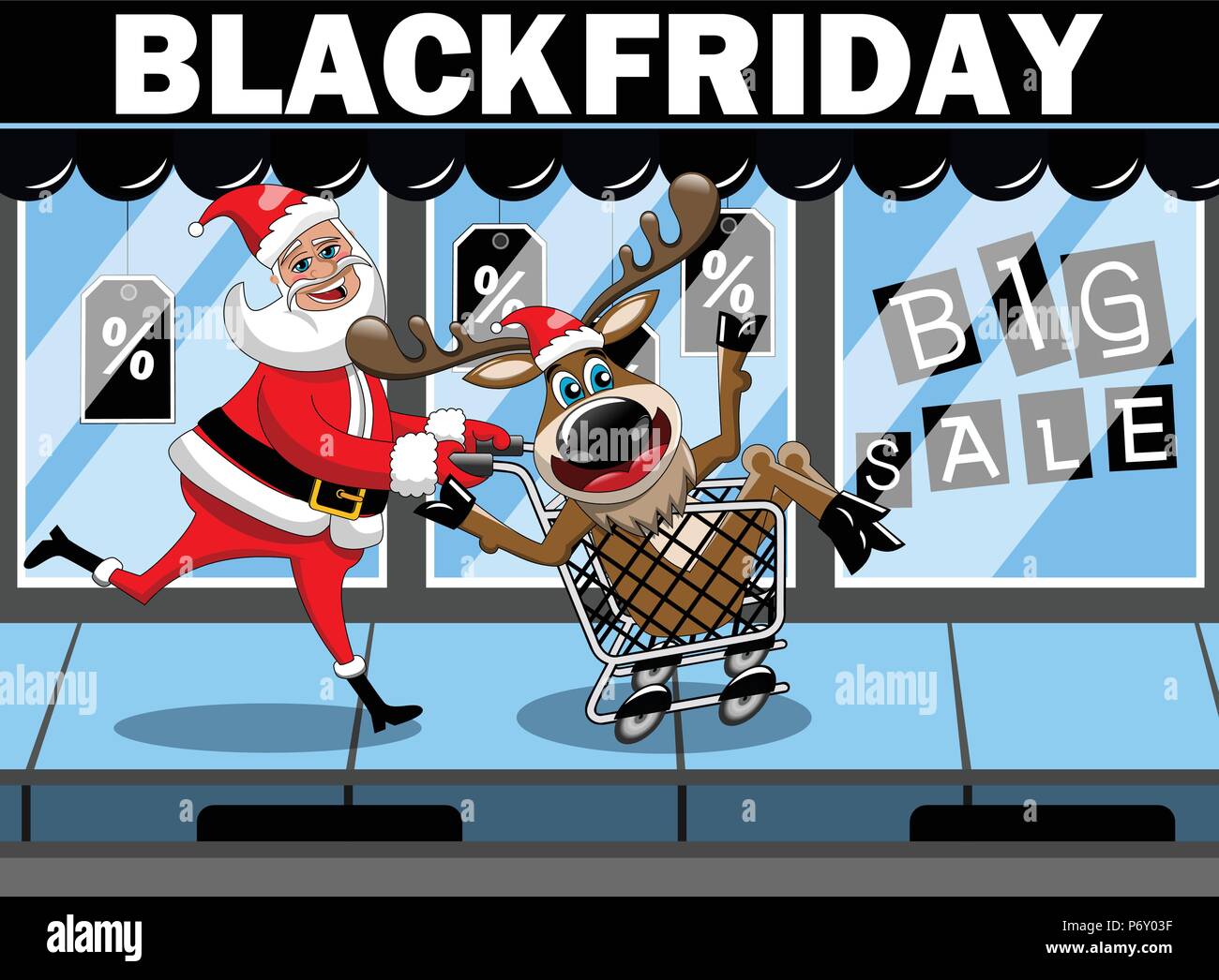 Happy Santa Claus going shopping running and pushing cart with reindeer ...