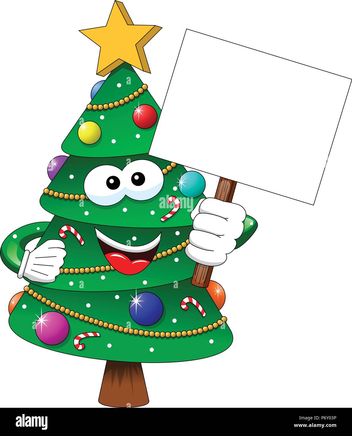 Cartoon decorated xmas tree holding blank banner isolated Stock Vector ...