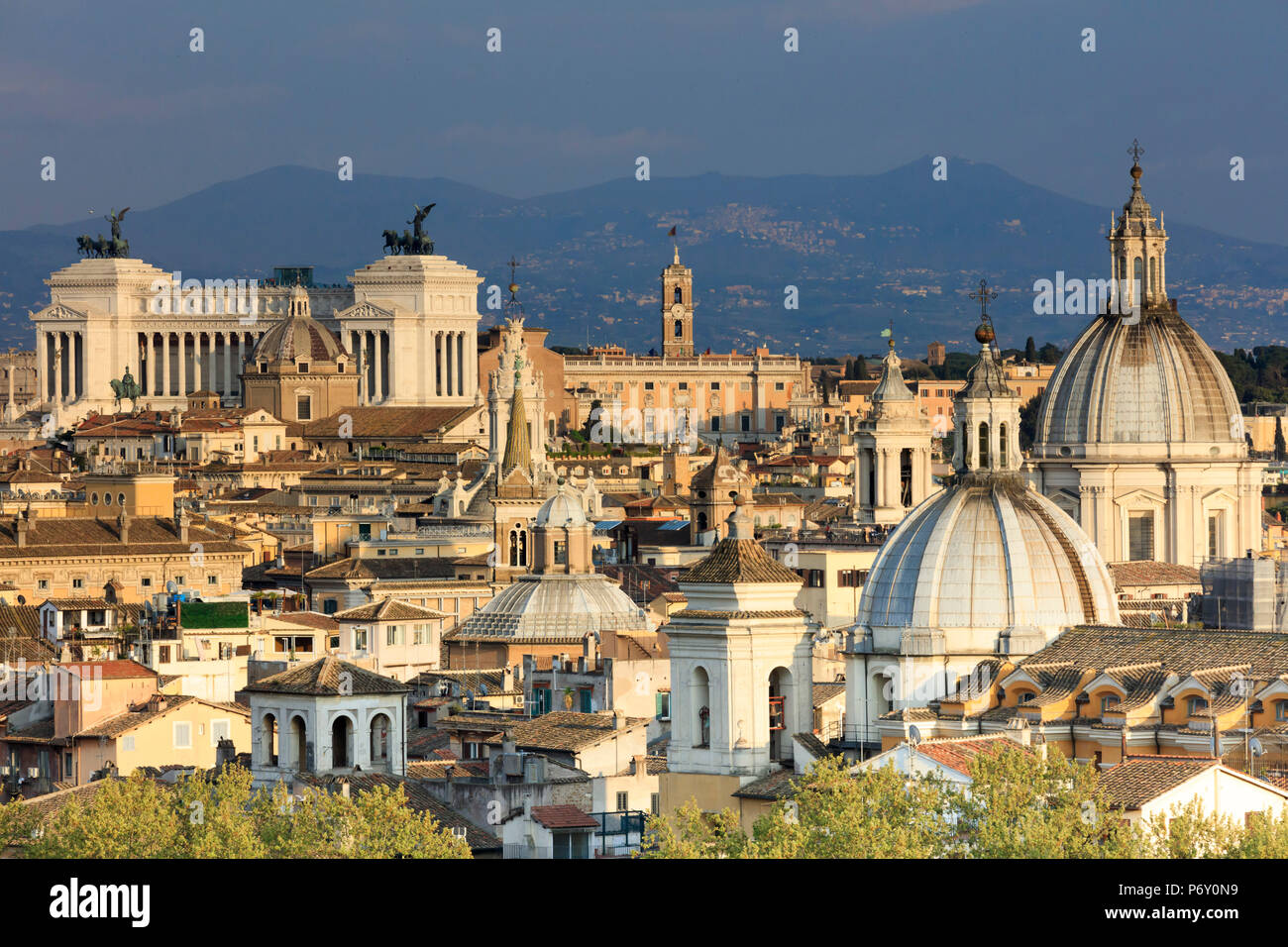 Italy, Rome, Altare della Patria monument elevated view at sunset Stock ...