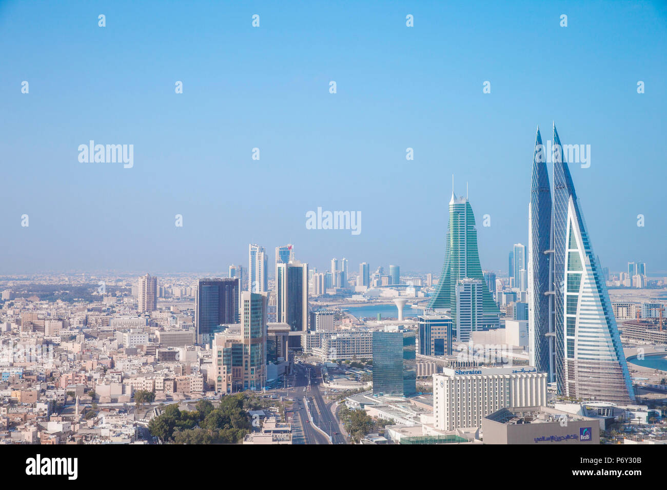 Bahrain, Manama, City center skyline looking towards Bahrain World ...