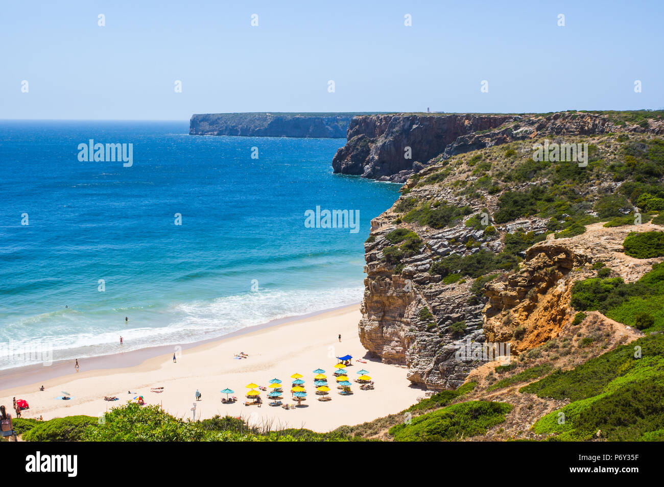 Top view sea atlantic beach with tourist people and umbrella ...