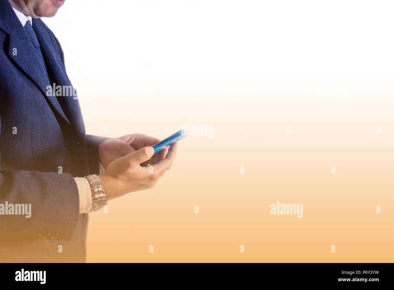 blurred image. vintage concept. businessman look a cell phone ...