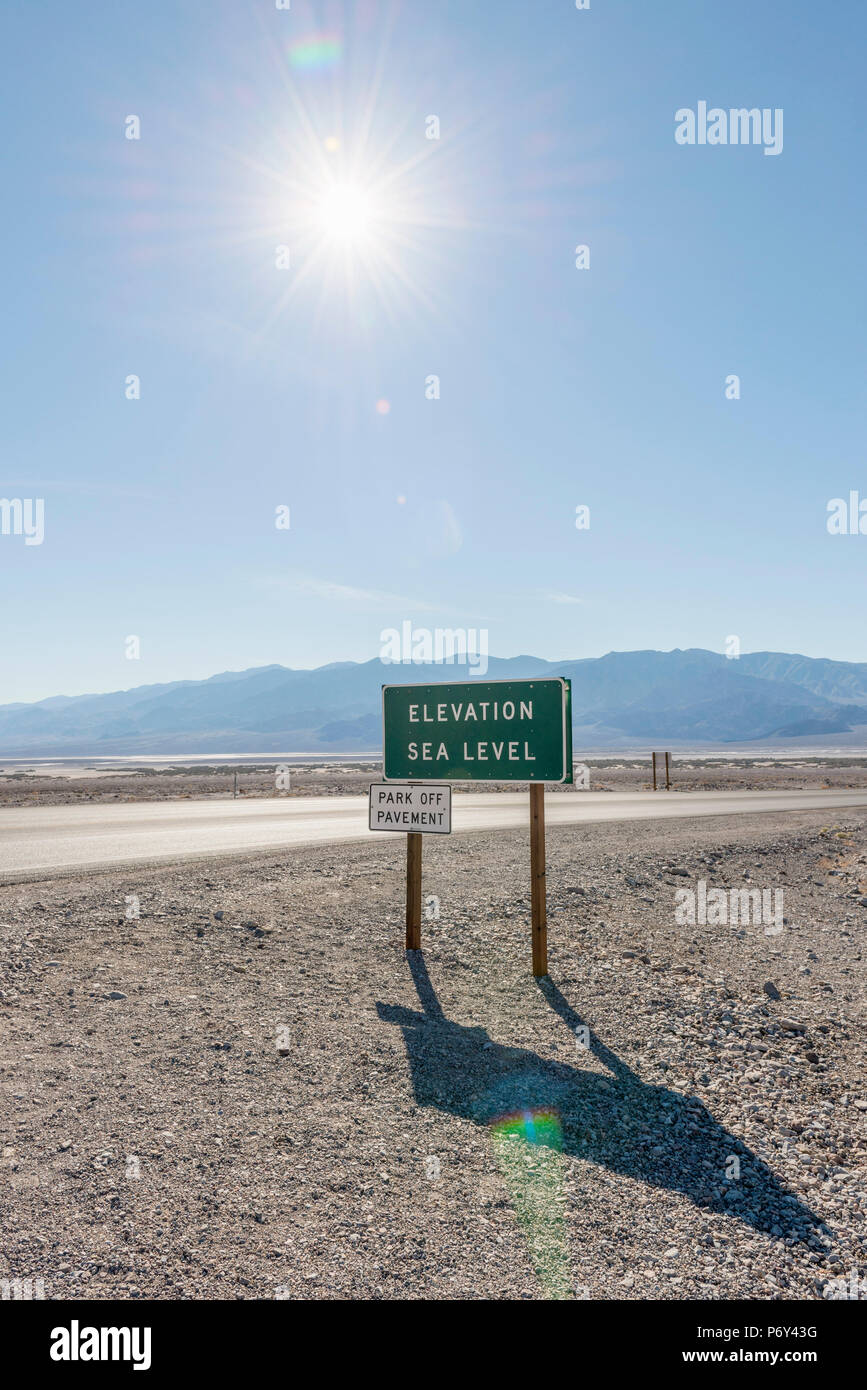 USA, California, Death Valley National Park, Elevation Sea Level sign ...