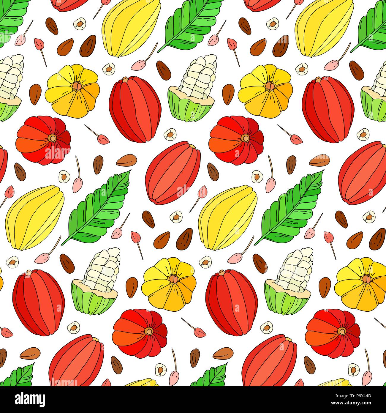 Cocoa fruit vector seamless pattern, Hand drawn tropical cacao fruit ...