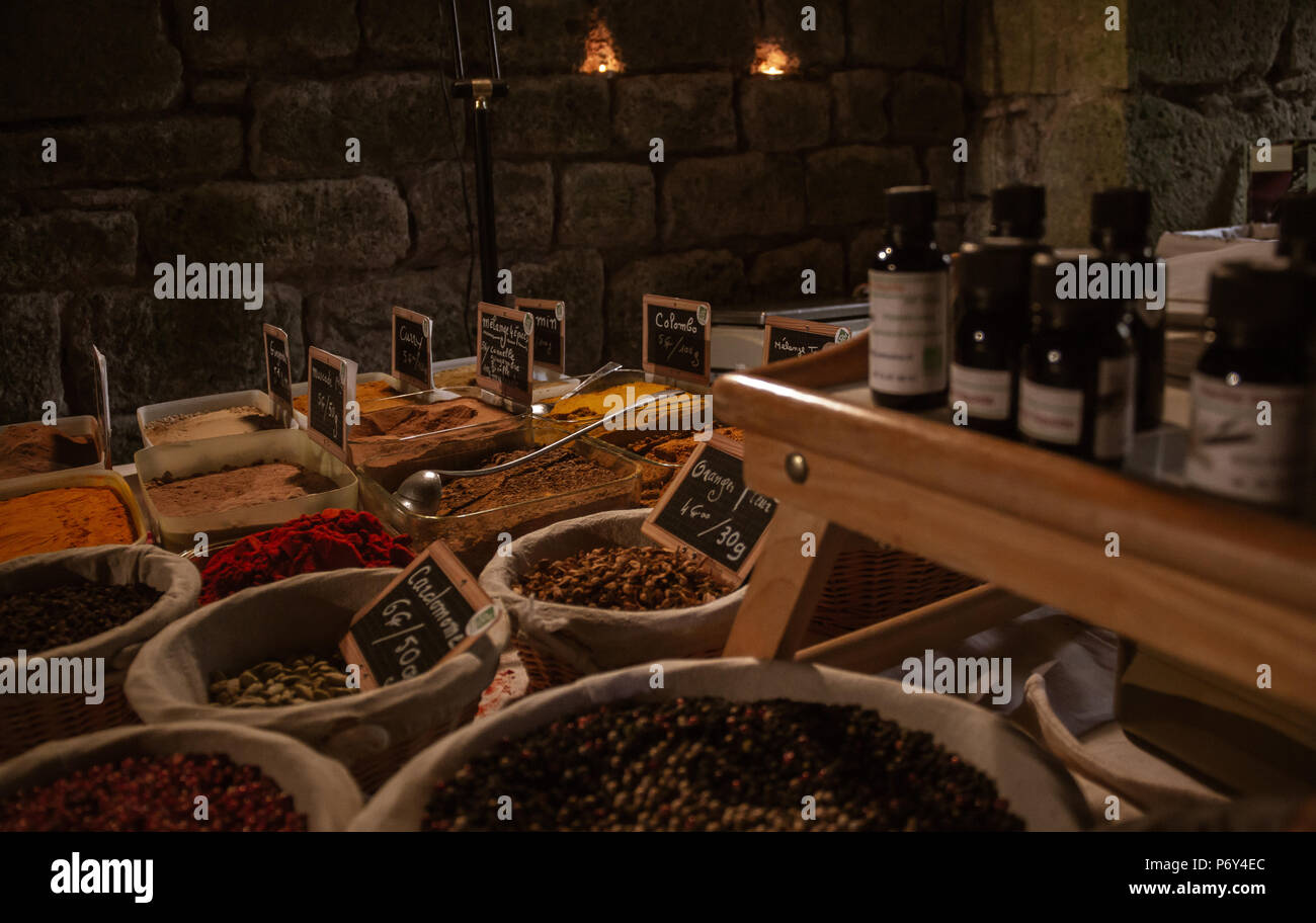 Close up of herbs and grains on display in a medieval shop Stock Photo ...